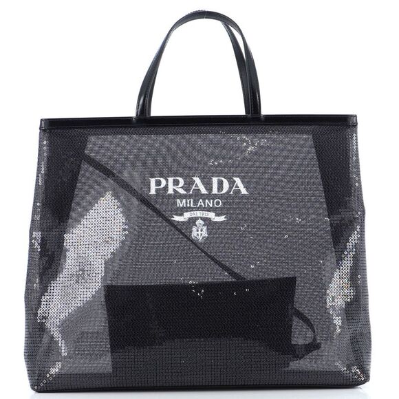 Prada | Bags | Prada Logo Open Tote Sequined Mesh Large Black | Poshmark